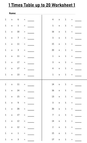 1 Times Tables Worksheets and Tables - Free Downloads | Multiplication ...