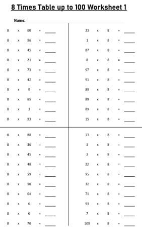 8 Times Tables Worksheets and Tables - Free Downloads | Multiplication ...