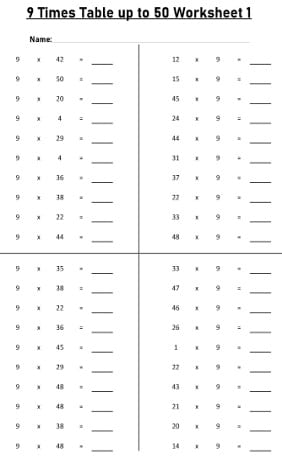 9 Times Tables Worksheets and Tables - Free Downloads | Multiplication ...