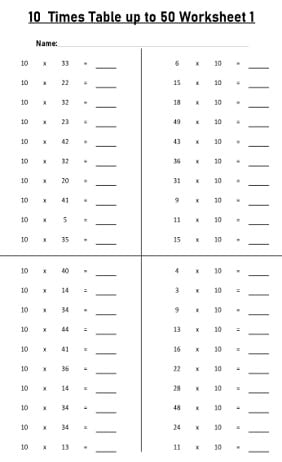 10 Times Tables Worksheets and Tables - Free Downloads | Multiplication ...