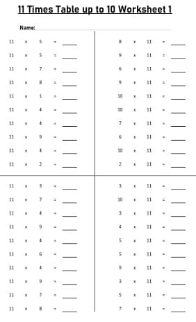 11 Times Tables Worksheets and Tables - Free Downloads | Multiplication ...