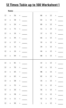 12 Times Tables Worksheets and Tables - Free Downloads | Multiplication ...