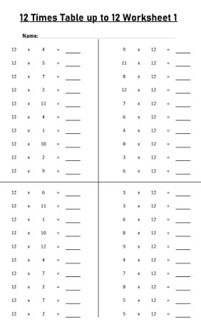 12 Times Tables Worksheets and Tables - Free Downloads | Multiplication ...