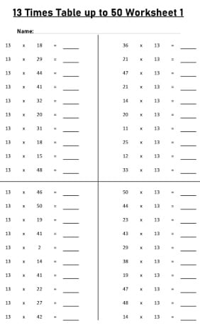 13 Times Tables Worksheets and Tables - Free Downloads | Multiplication ...
